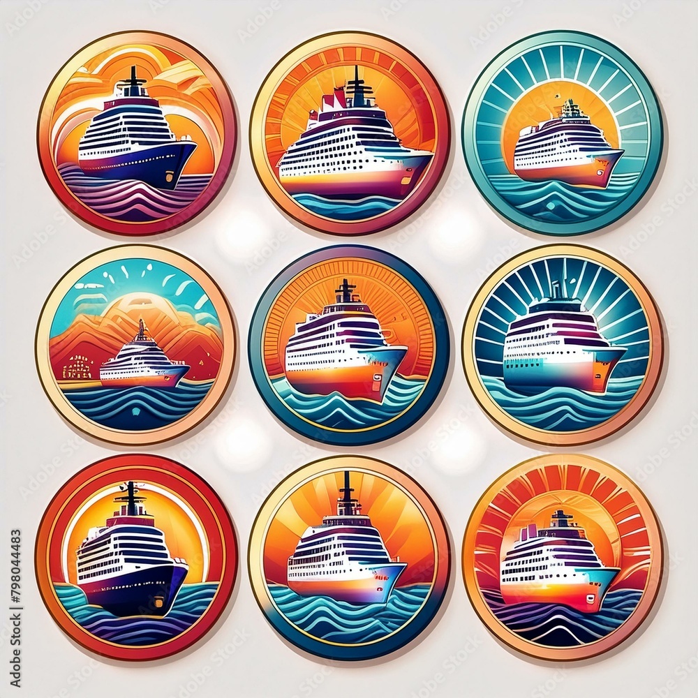 Circular Ship Stickers adorned with images of ocean liners and cruise ...