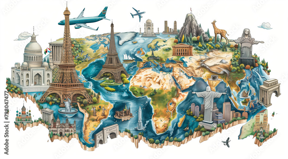 Fotografia A world map depicts famous landmarks from around the globe ...