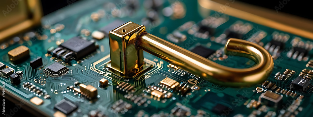 A computer motherboard with safety lock or pad lock as wide conceptual ...