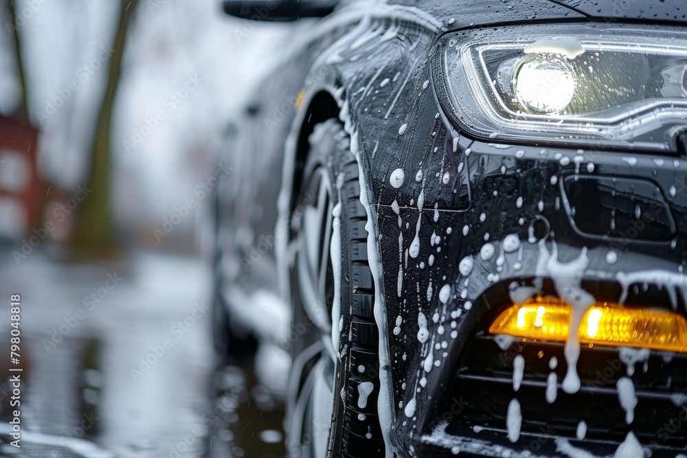Professional black car wash with shampoo foam and water splashes, auto ...