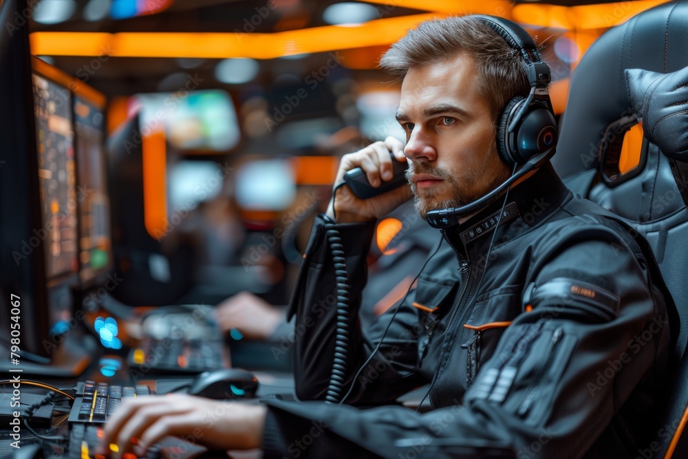 Male service 911 operator talking on the phone in a busy police office ...