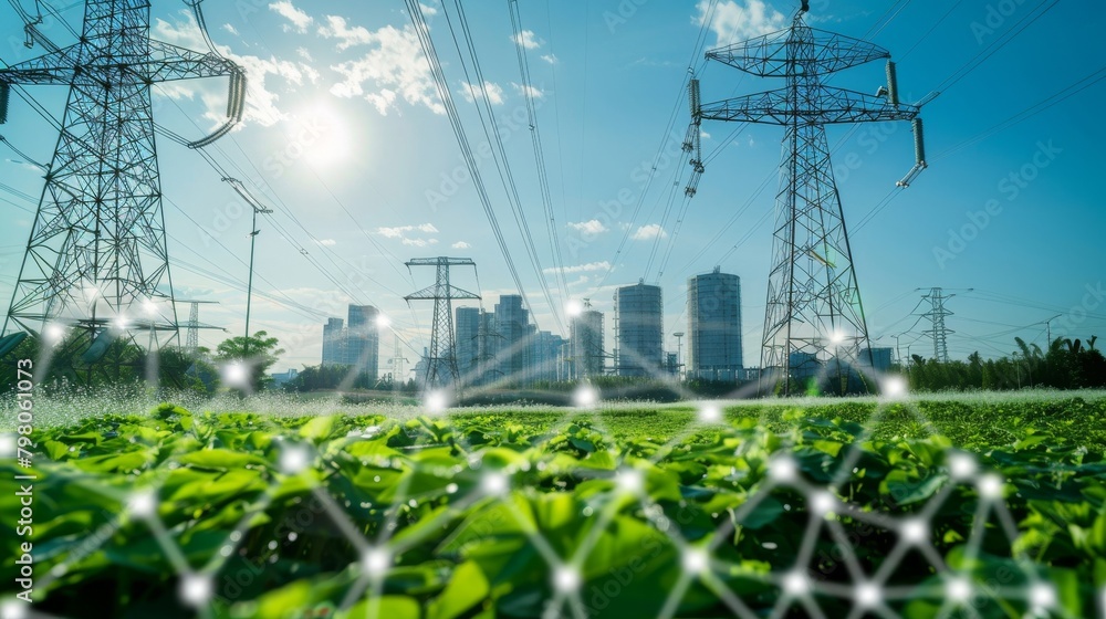 An energy-efficient power transformer with green technology symbols and ...