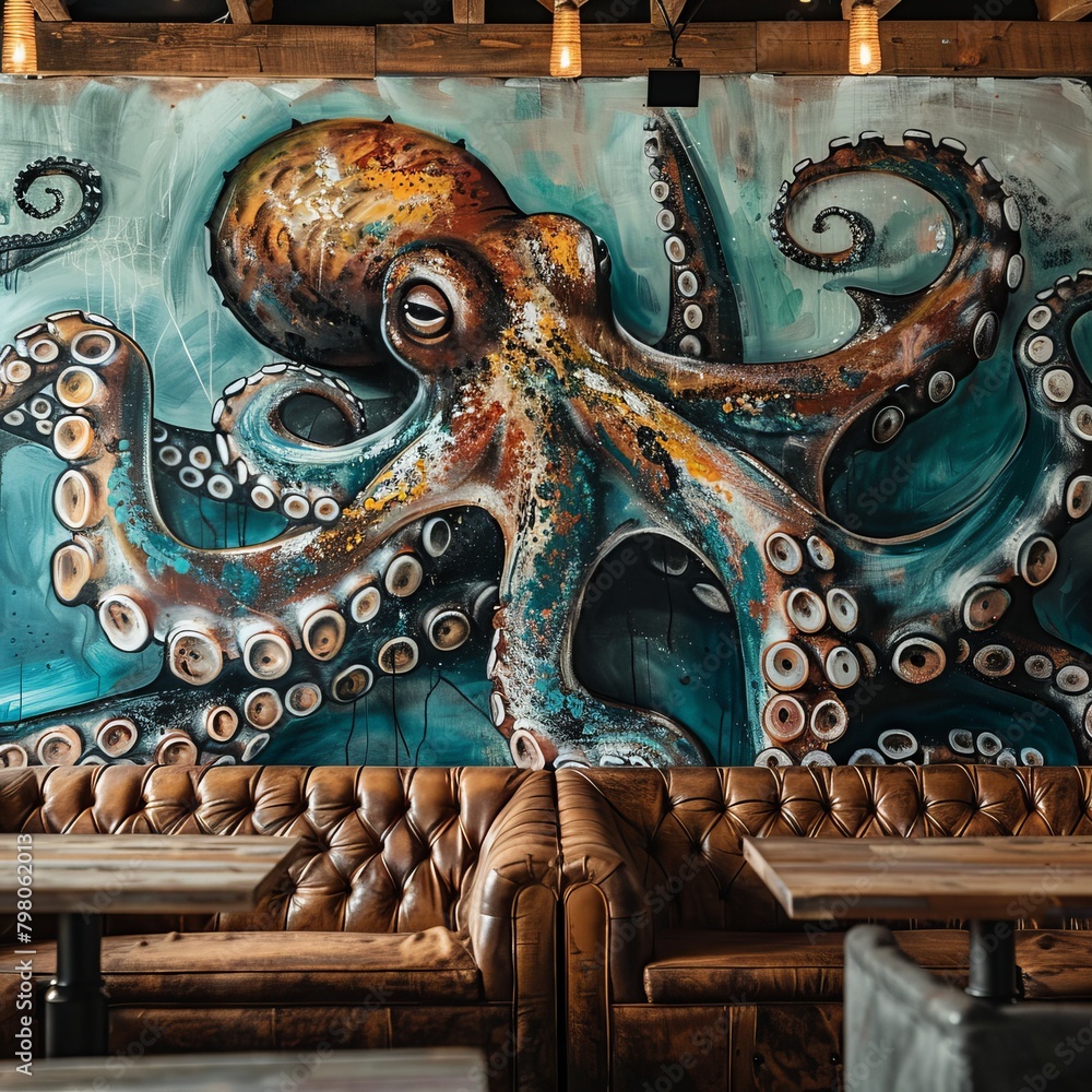 A stylish mural showing an octopus and its tentacles underwater, in a ...