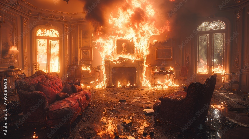 A private house is ablaze due to a stove fireplace malfunction, as the ...
