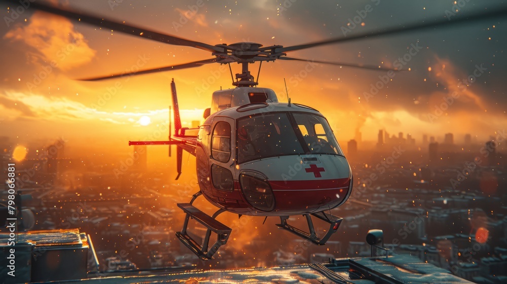 Helicopter ambulance providing emergency evacuations on tall building ...