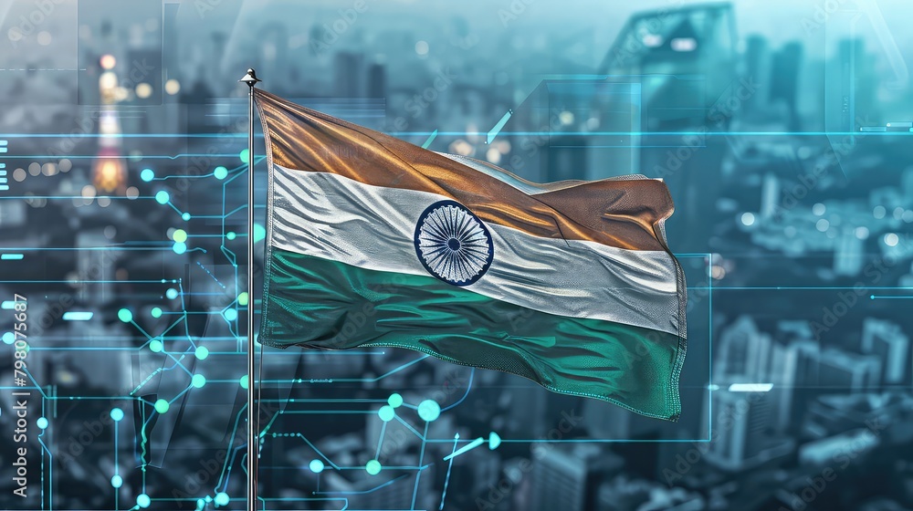 A digital indian flag on the map on a computer screen, displaying ...