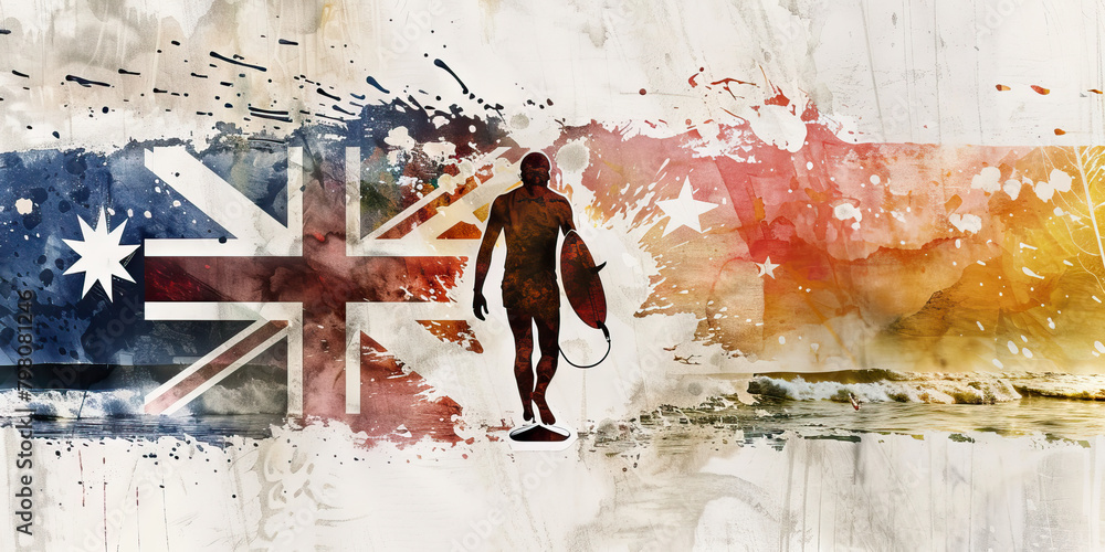 Australian Flag with an Aboriginal Artist and a Surfer - Picture the ...