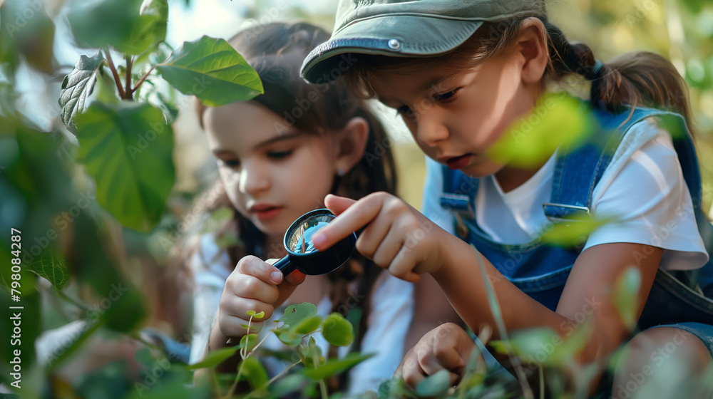 Outdoor learning, kids using magnifying glasses to explore nature ...