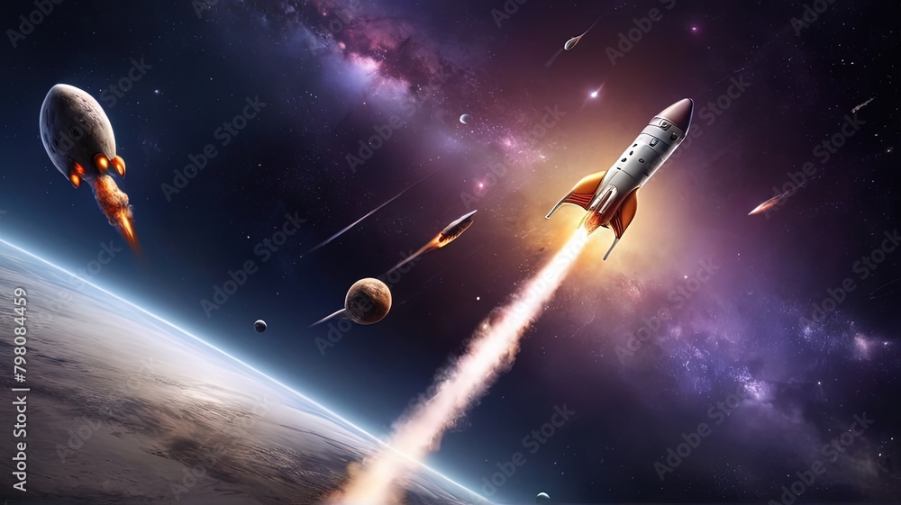 rocket in space, spaceship and space, galaxy space with planets, stars ...