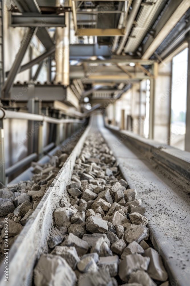 Rocks and gravel moving on a conveyor belt, suitable for industrial and ...