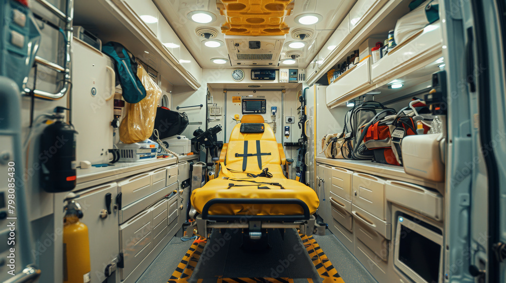 Interior view of a modern, well-equipped ambulance with medical ...