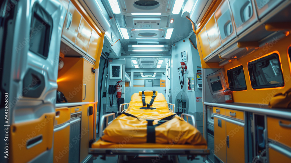 Interior view of an empty ambulance with a stretcher, medical equipment ...