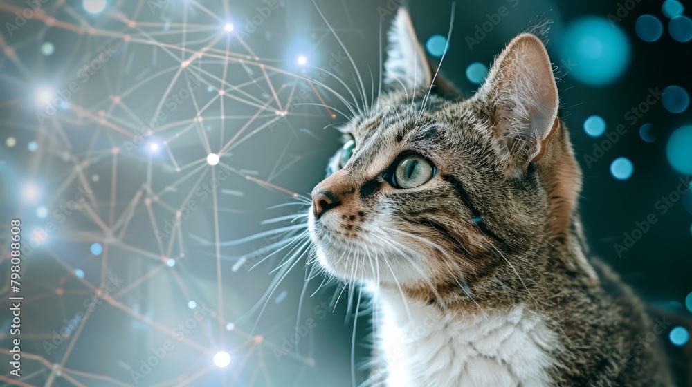 Proud cat graduate, gazing intently at the camera, with a subtle ...