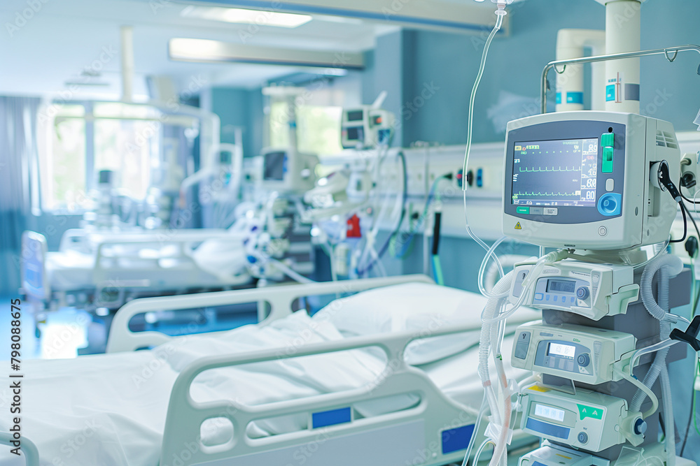 Hospital ICU with patient beds, medical equipment, and staff. High-tech ...