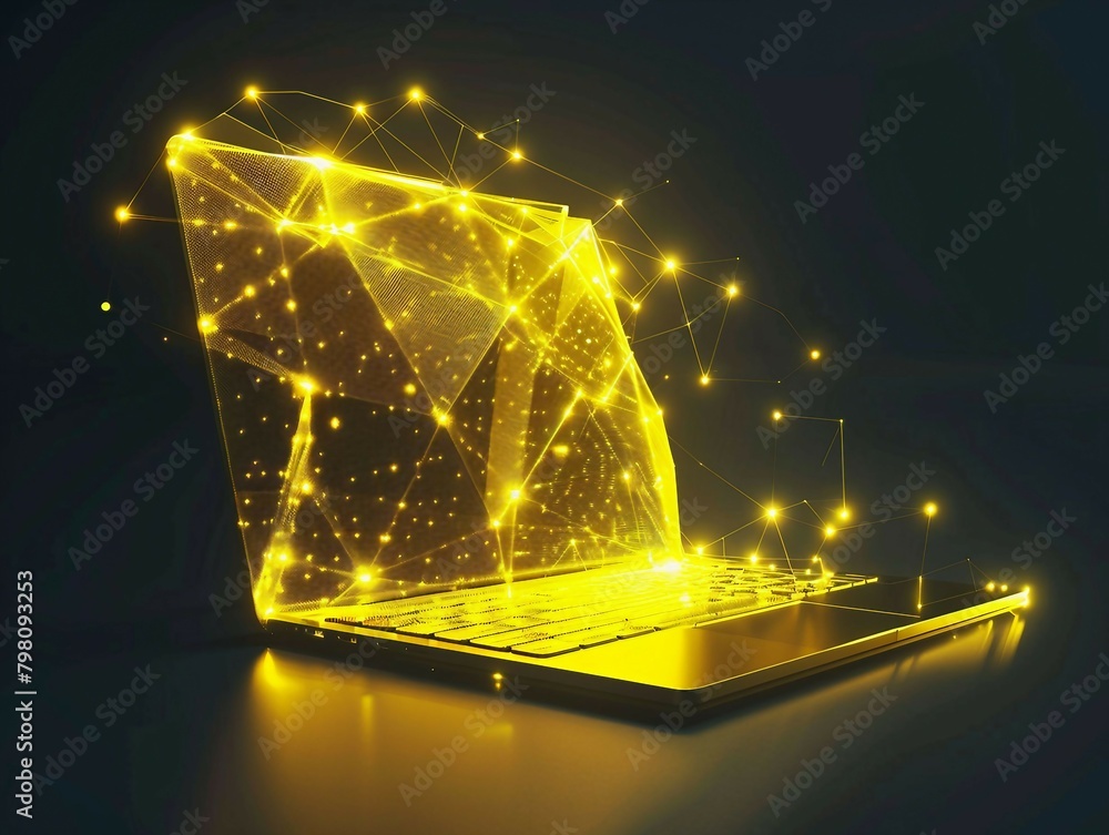 technology in electronics, digital yellow low poly laptop with glowing ...