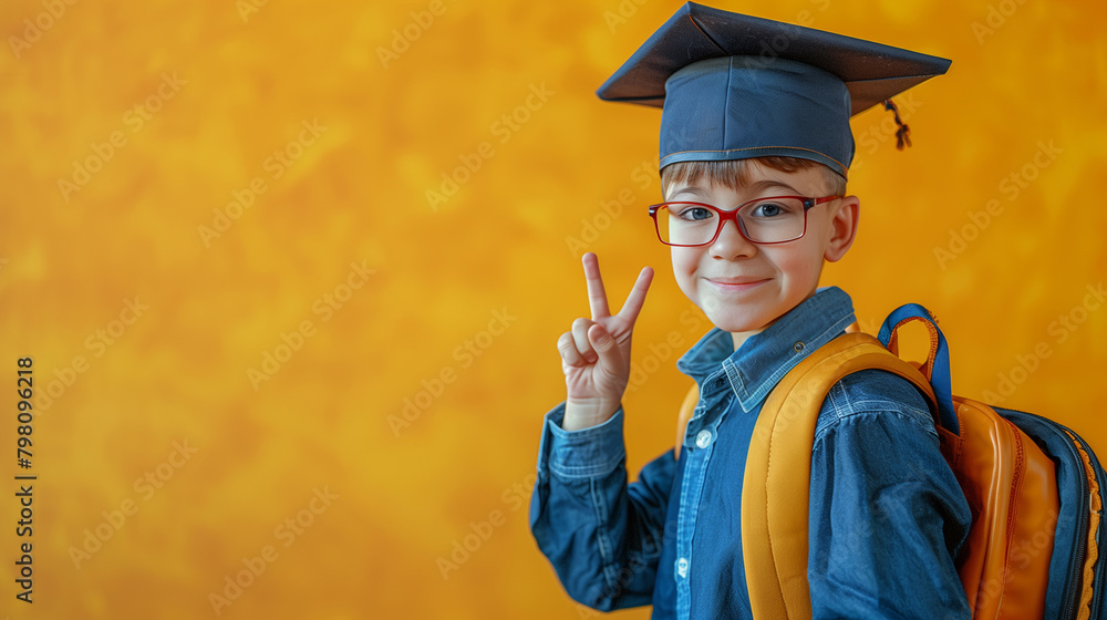 Child boy primary school student in a graduate cap, glasses and with a ...