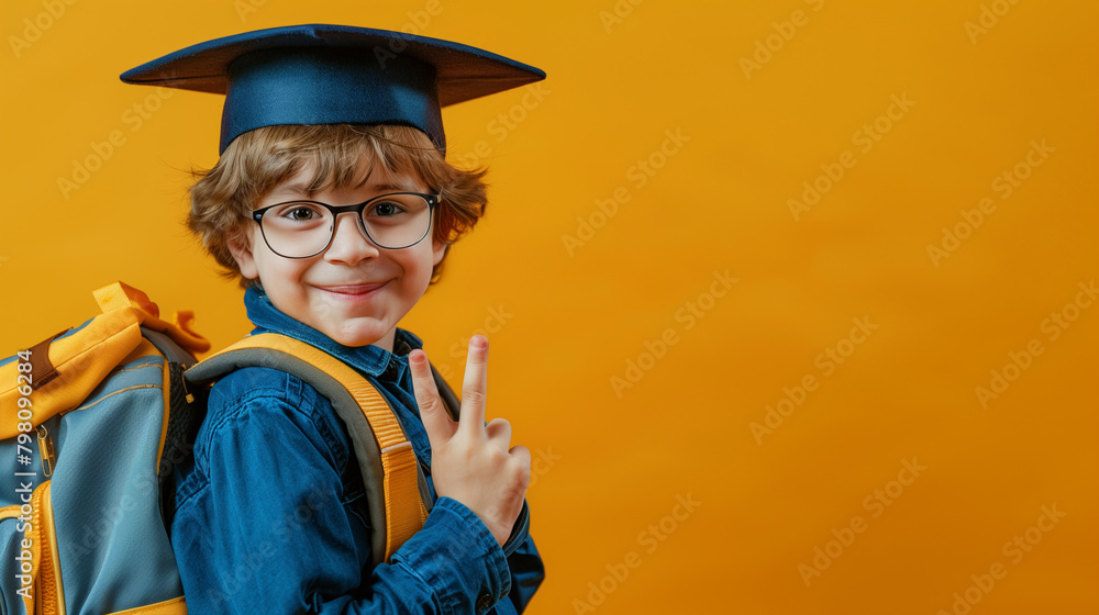 Child boy primary school student in a graduate cap, glasses and with a ...