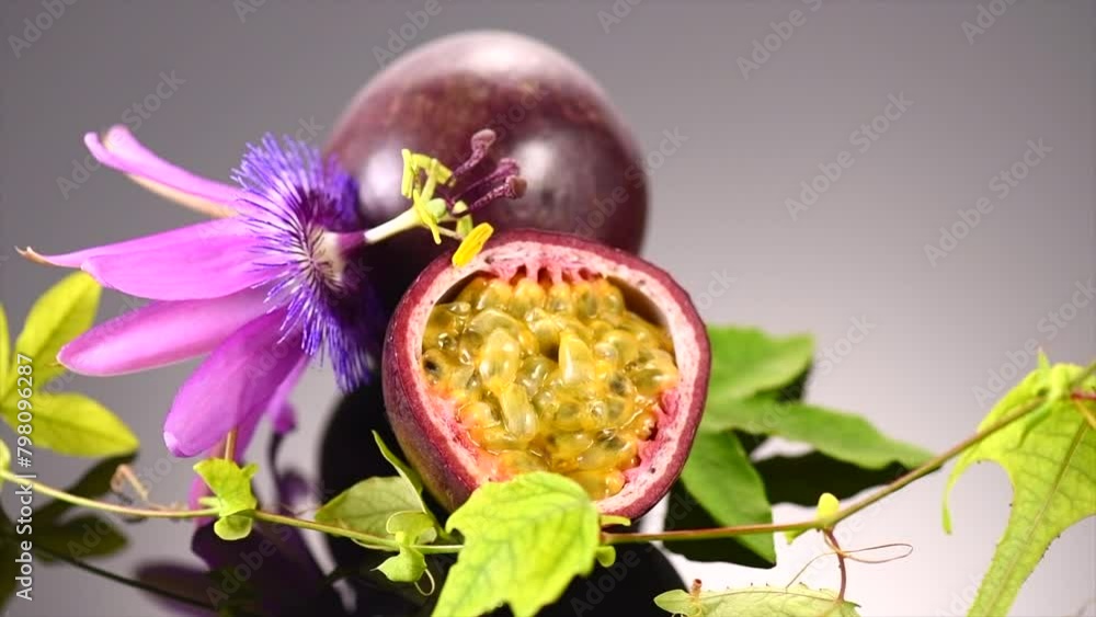 Passion fruit, Maracuya with leaf and flower on grey background. Fresh ...