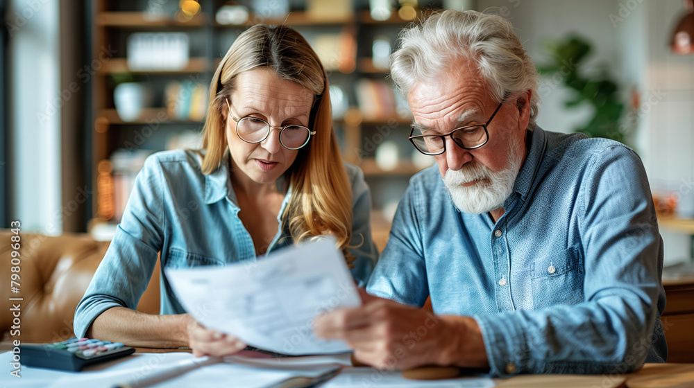 Woman man senior bill finance retirement couple home document ...