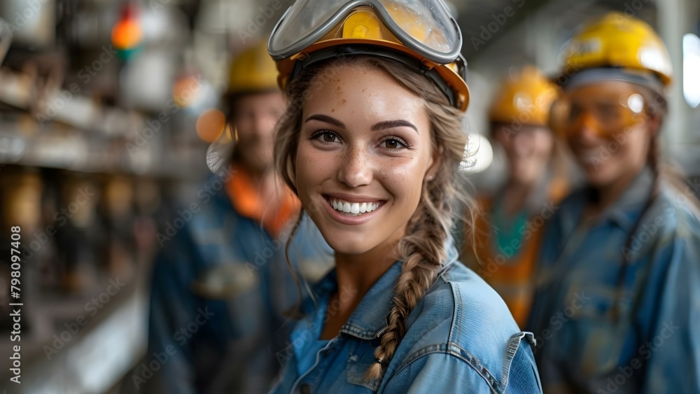 Diverse group of factory workers in safety gear standing together ...