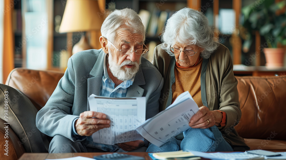 Woman man senior bill finance retirement couple home document ...