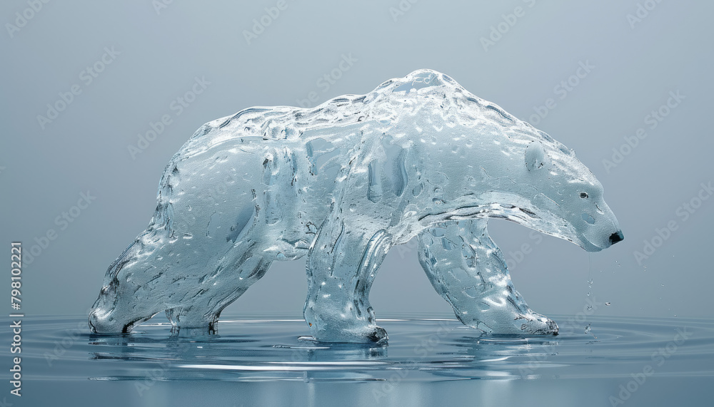 realistic ice sculpture of a polar bear on blue background with melting ...