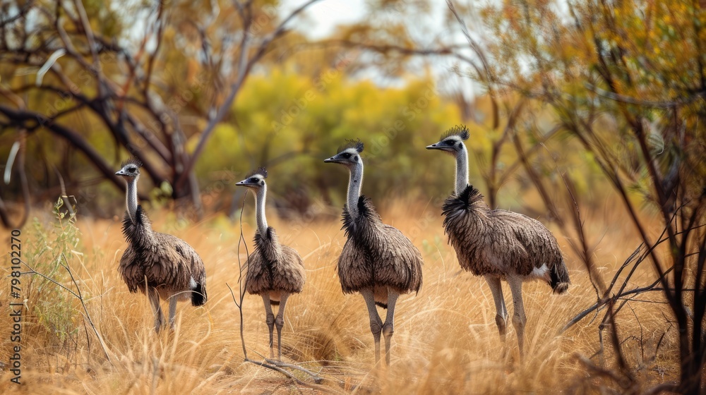 Graceful emu flock roaming free in their natural habitat - wildlife ...