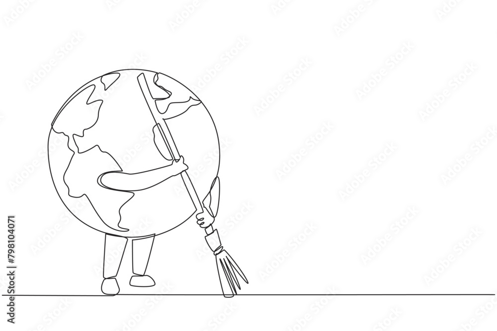 Single continuous line drawing globe sweeps up the scattered rubbish ...