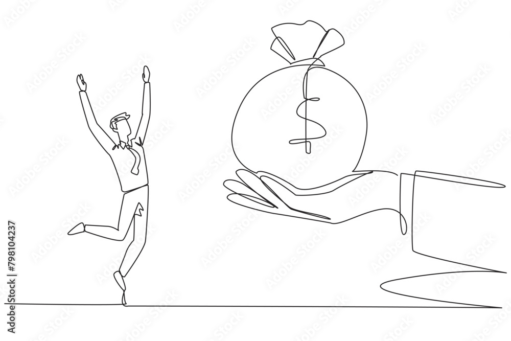 Continuous one line drawing businessman was excited to get money bag ...