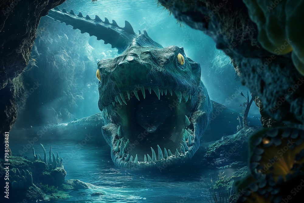 Sea monster open its mouth with teeth inside a deep underwater cave ...