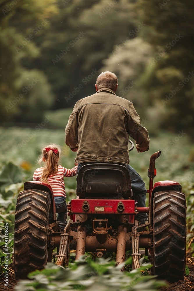Farmer father riding tractor with his daughter Girl growing up on ...