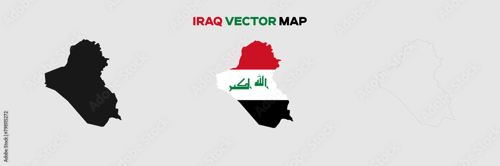 Iraq Map Vector Pack. Map with Flag. Gray Map Silhouette. Gray Outline ...