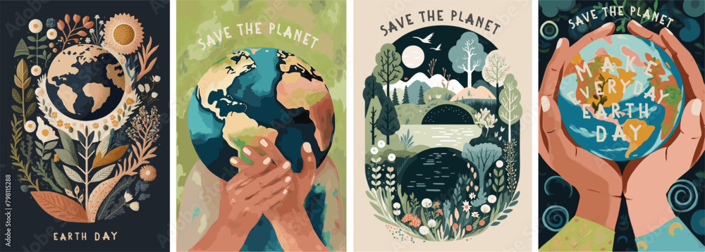 Happy Earth Day! Vector illustrations (drawn in gouache) of earth ...