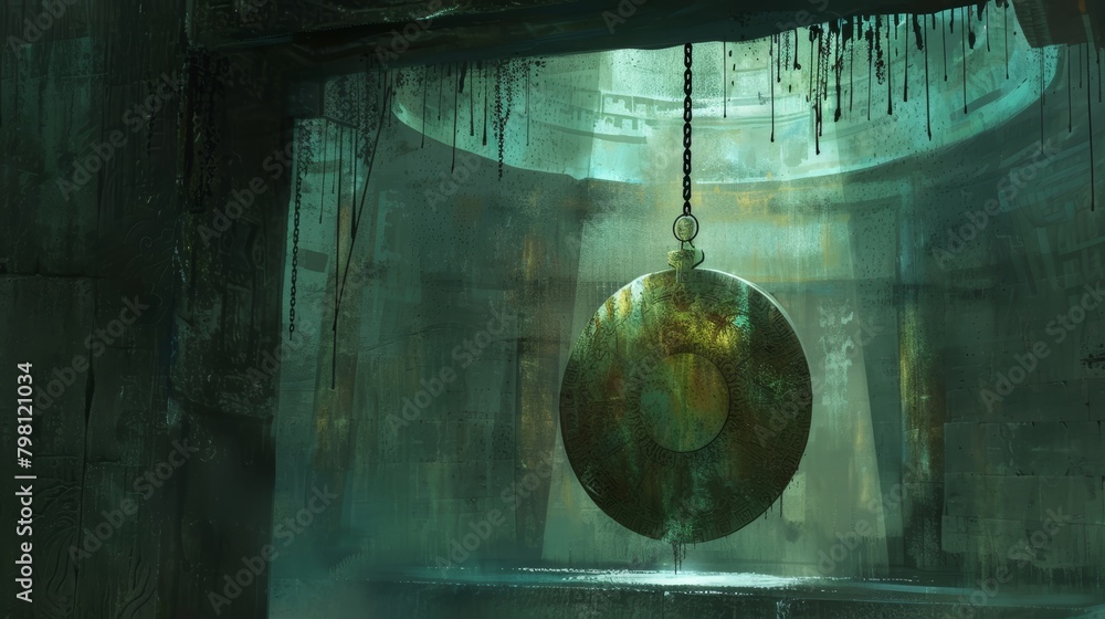 Suspended ancient gong in a mystical misty hall. Concept art of ...