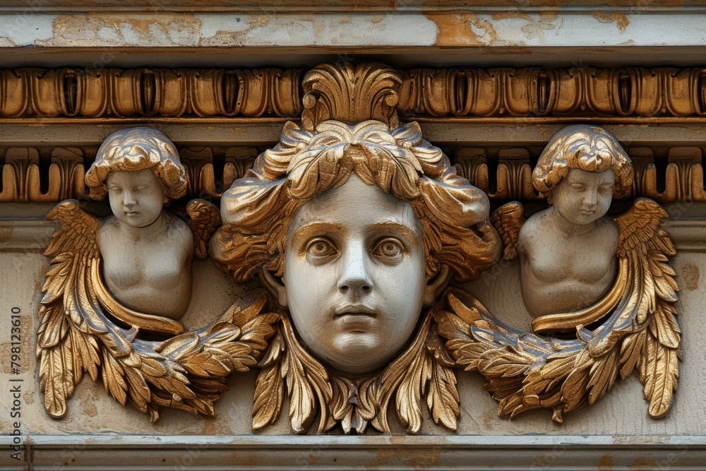 b'Architectural detail of a female head flanked by two cherubs' Stock ...