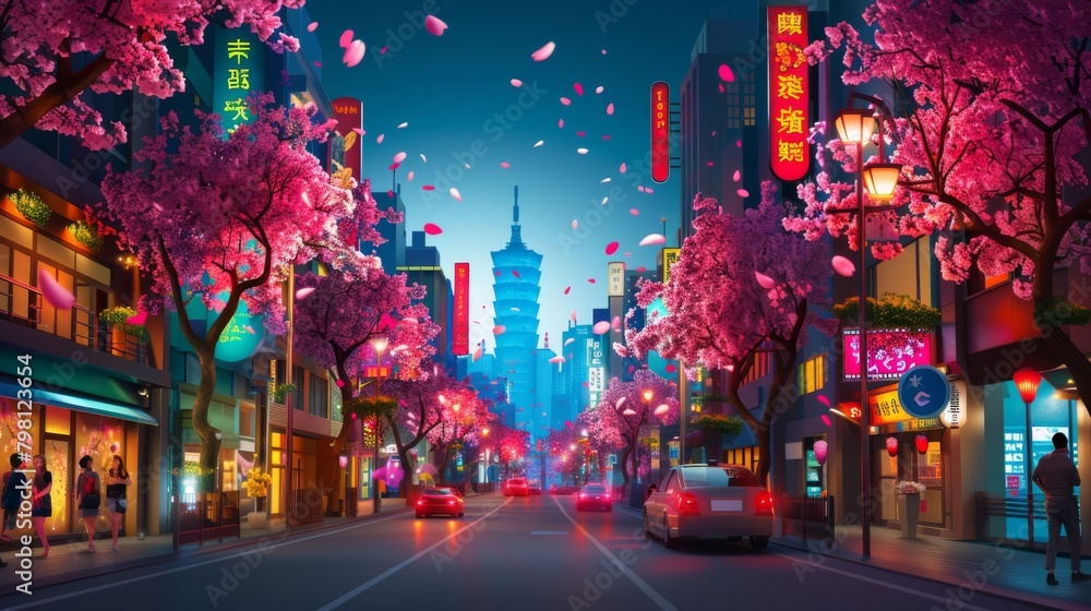 A photo of a cherry blossom street in Japan. The cherry blossoms are in ...