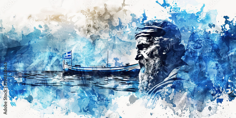 Greek Flag with an Ancient Greek Philosopher and a Fisherman ...
