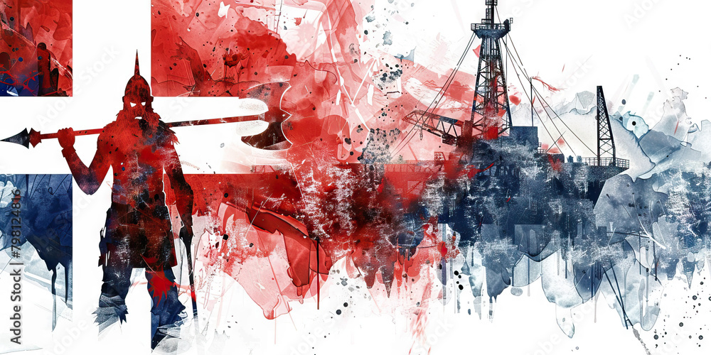 The Norwegian Flag with a Viking Warrior and an Oil Rig Worker ...