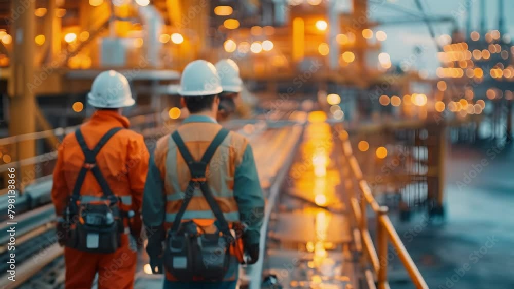 Engineers overseeing construction of an offshore oil rig in the sea ...