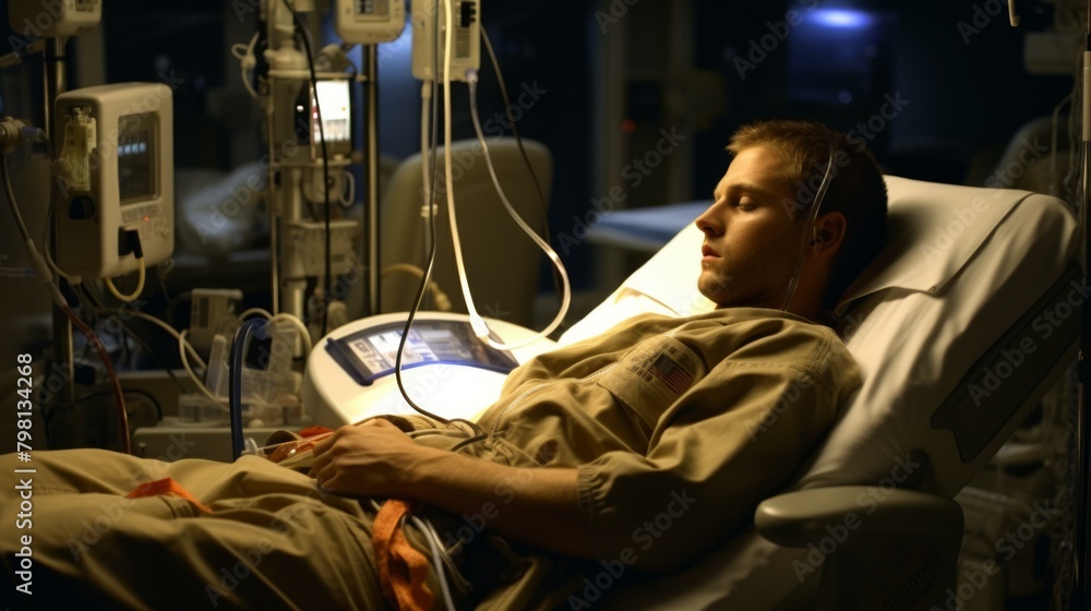 b'Man sleeping in a hospital bed with tubes attached to his body' Stock ...