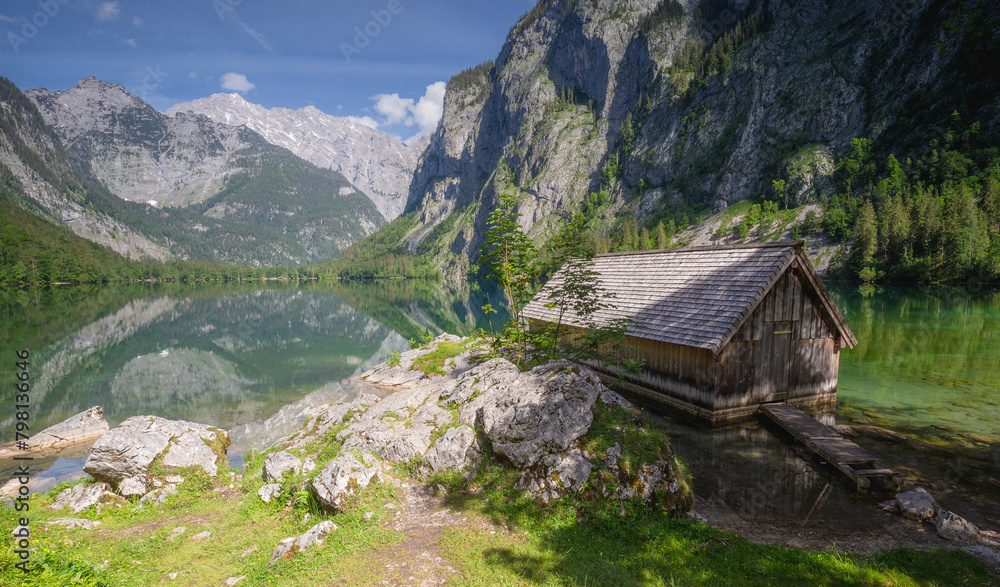 Bootshaus am Obersee lake in Berchtesgaden National Park, Alps Germany ...