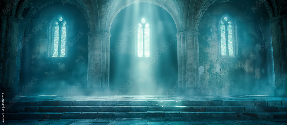 Enchanting background scene of an empty medieval interior room with ...