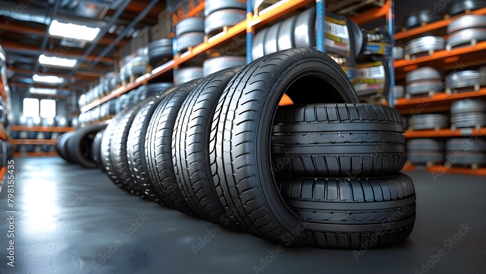 Row of car tires at an online tire warehouse for automotive needs ...
