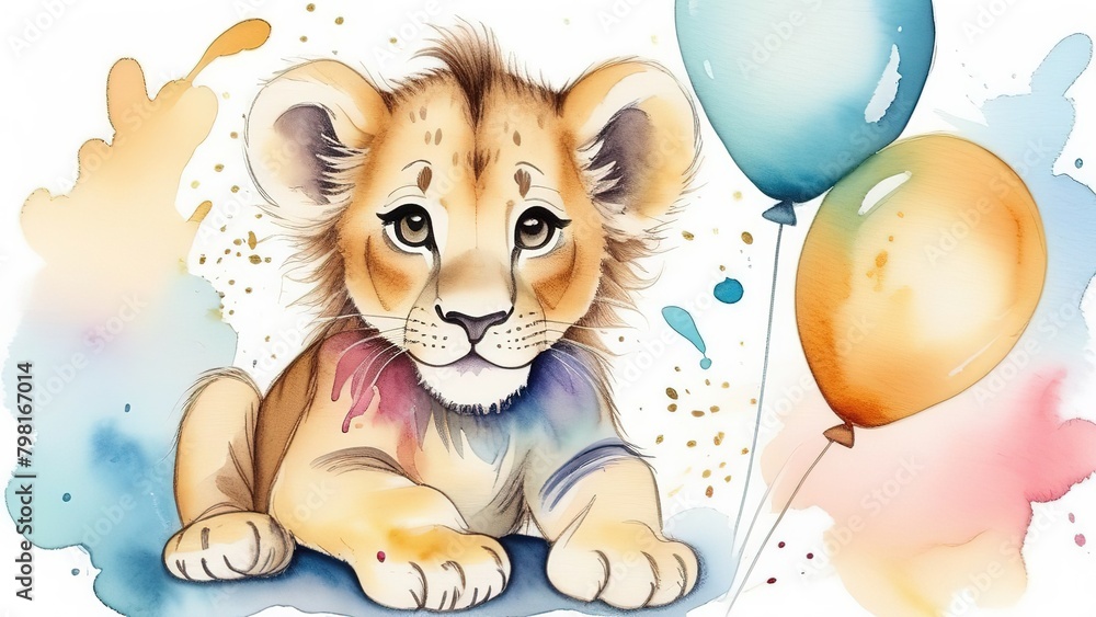 watercolor illustration of lion cub with balloons on white background ...