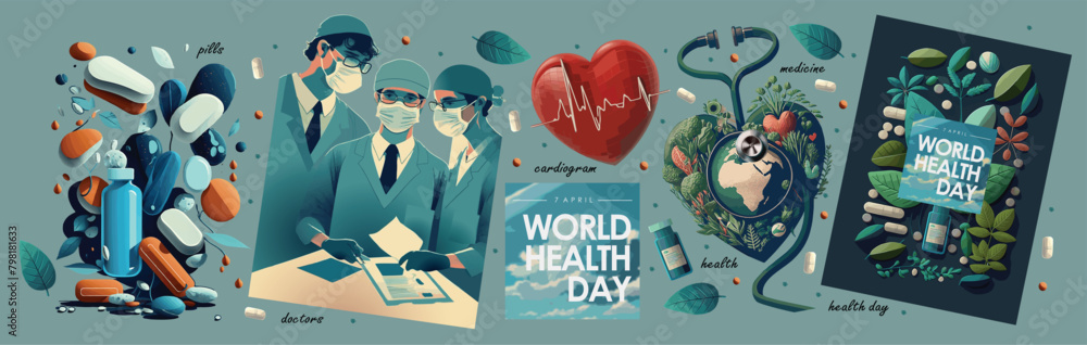 World Health Day. Vector illustration of medicine, doctors, pills ...