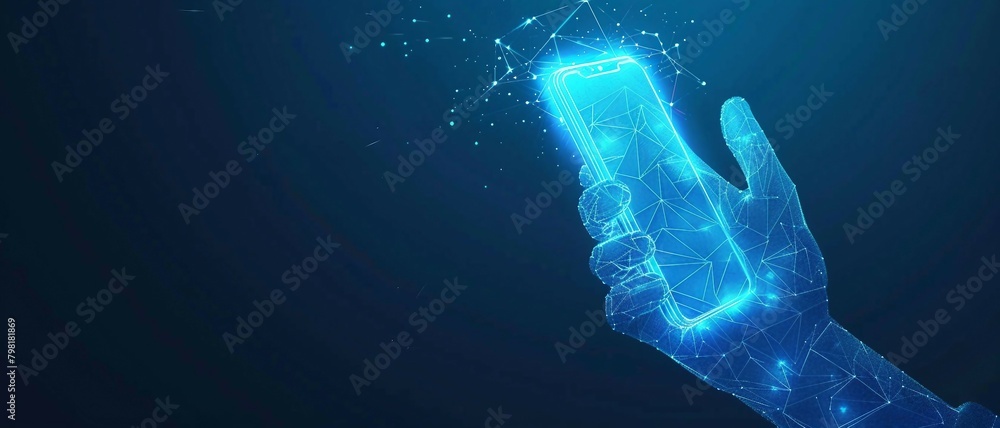technology in electronics, digital blue low poly hand holding a ...