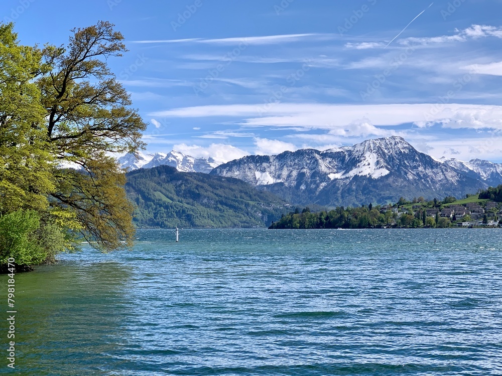 Vierwaldstättersee in der Stadt Luzern - mit Panorama in die Berge ...