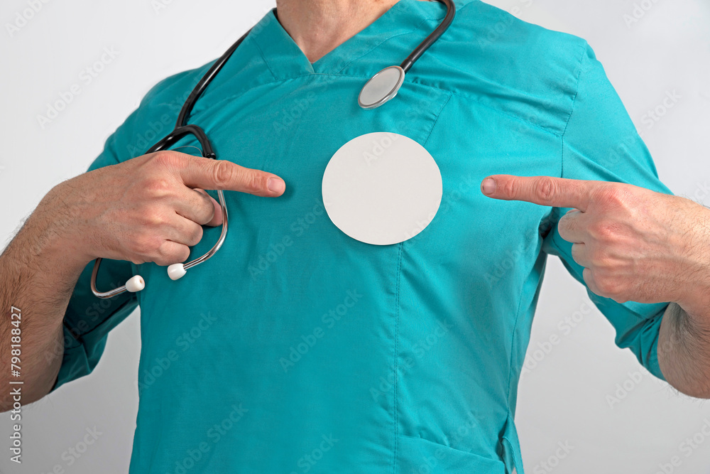 Round badge sticky label mockup template. Pin button on chest. White ...