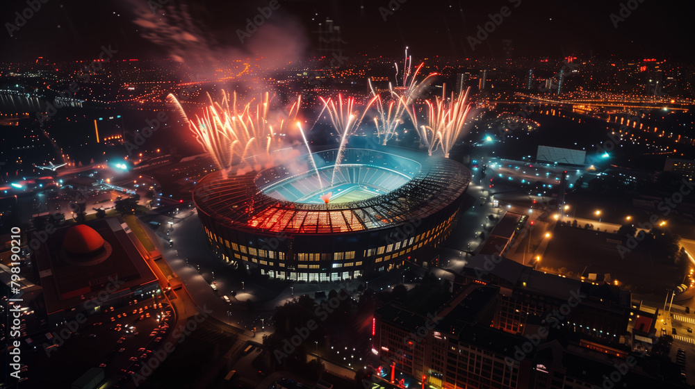Stadium Celebrating Event with Fireworks at Night. An aerial view of a ...