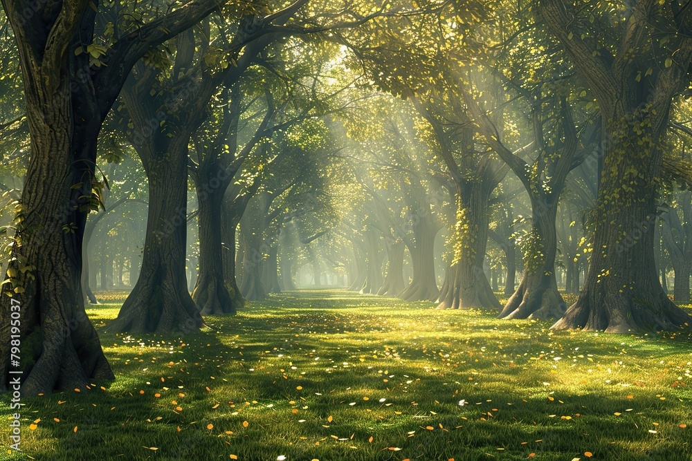 Enchanting forest glade with towering trees and dappled sunlight for ...